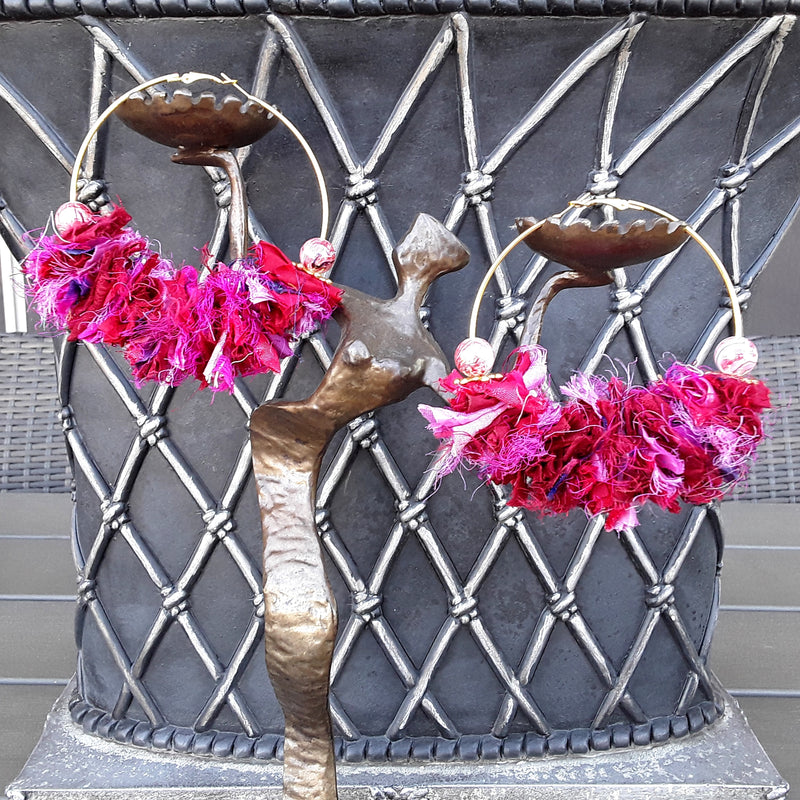 Fuschia Sari Silk Ribbon Huge Boho Gold or Silver Hoop Statement Earri ...