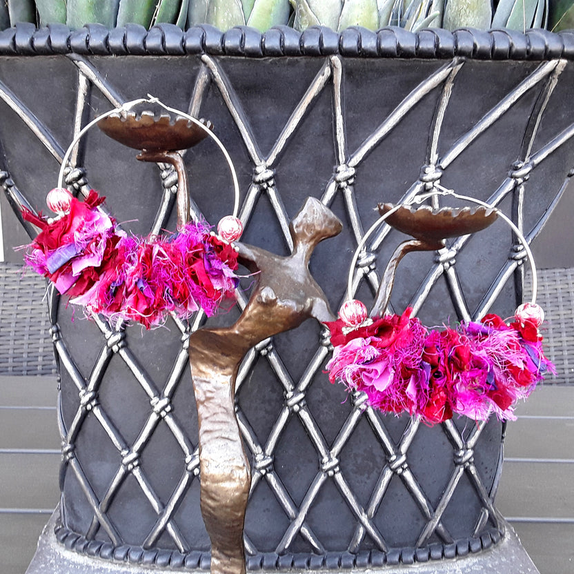 Fuschia Sari Silk Ribbon Huge Boho Gold or Silver Hoop Statement Earri ...